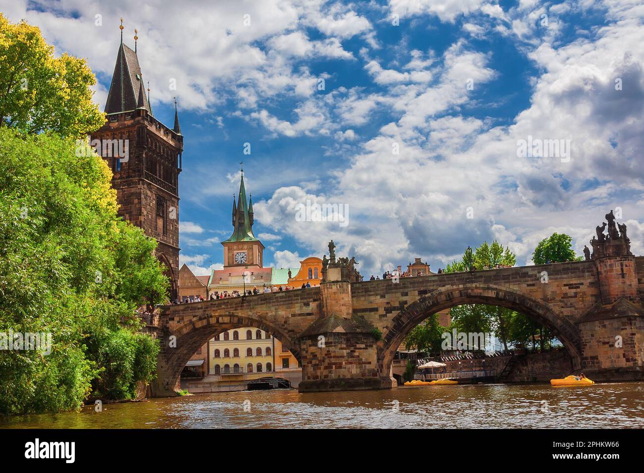 Medieval Charles Bridge on River Vltava with Old Town Bridge Tower and Water Tower in Prague ...