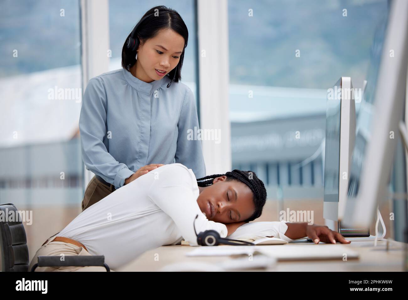 Wake up, overworked and sleeping with black woman in call center office ...
