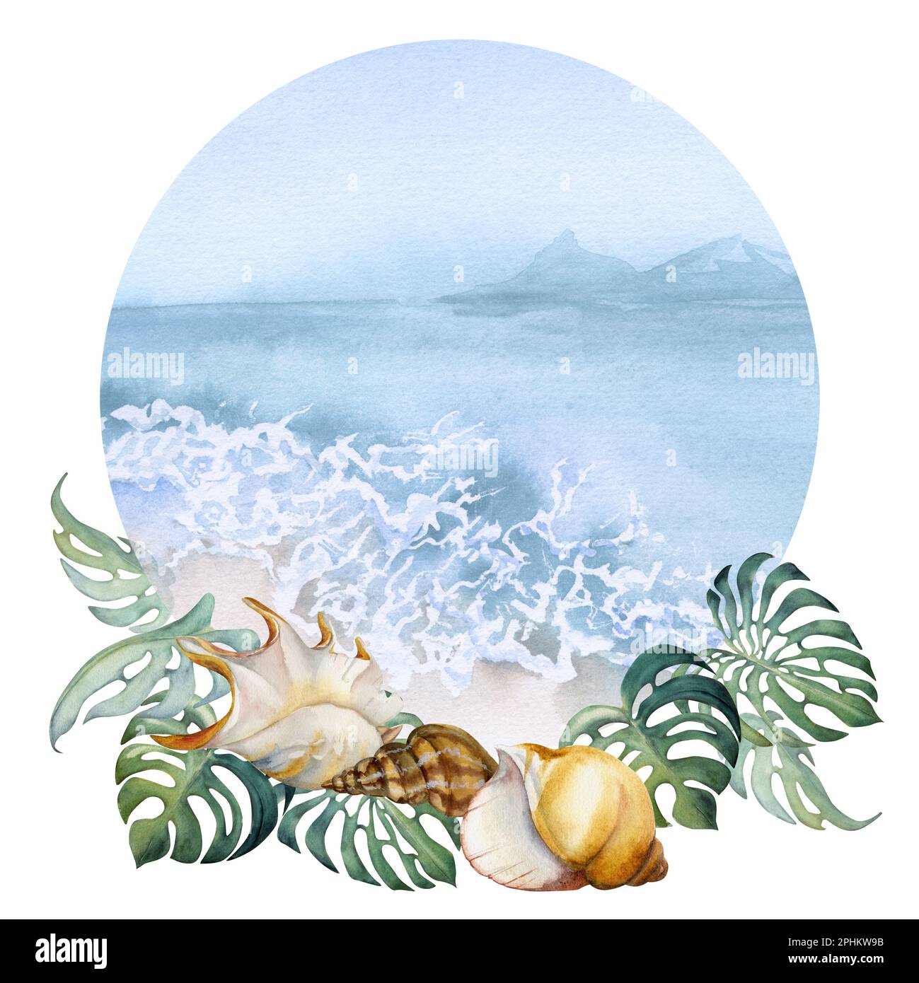 Hand drawn watercolor composition. Seascape with beach surf, wave, sea ...