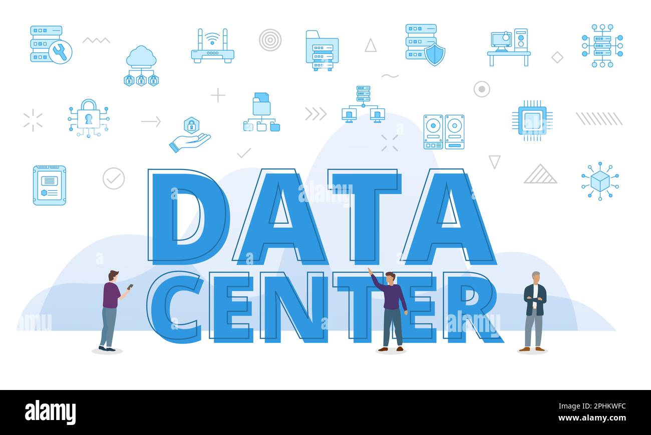 data center concept with big words and people surrounded by related ...