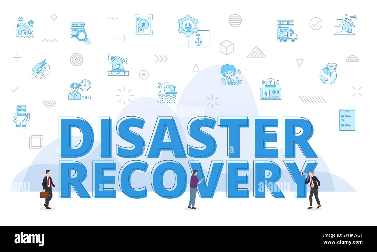 disaster recovery concept with big words and people surrounded by ...