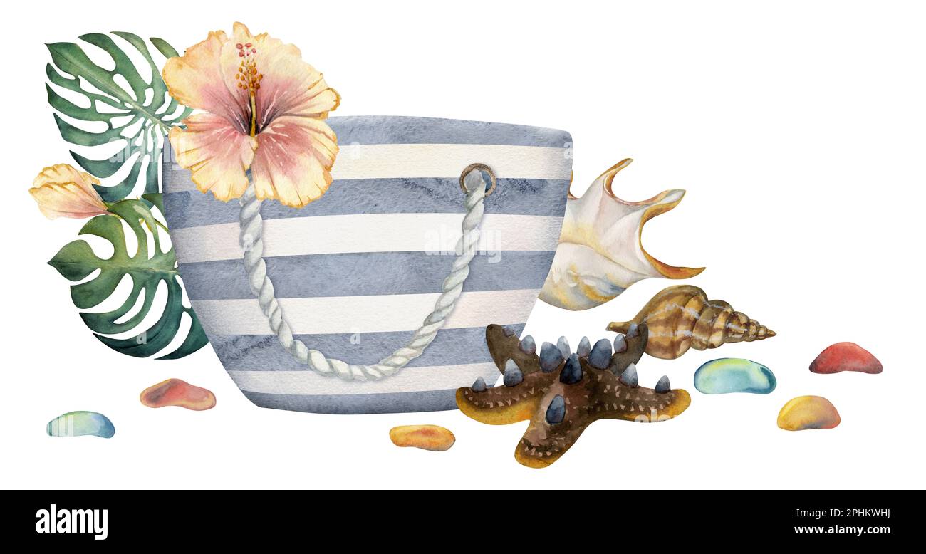 Hand drawn watercolor composition. Striped beach bag, sea shells and ...