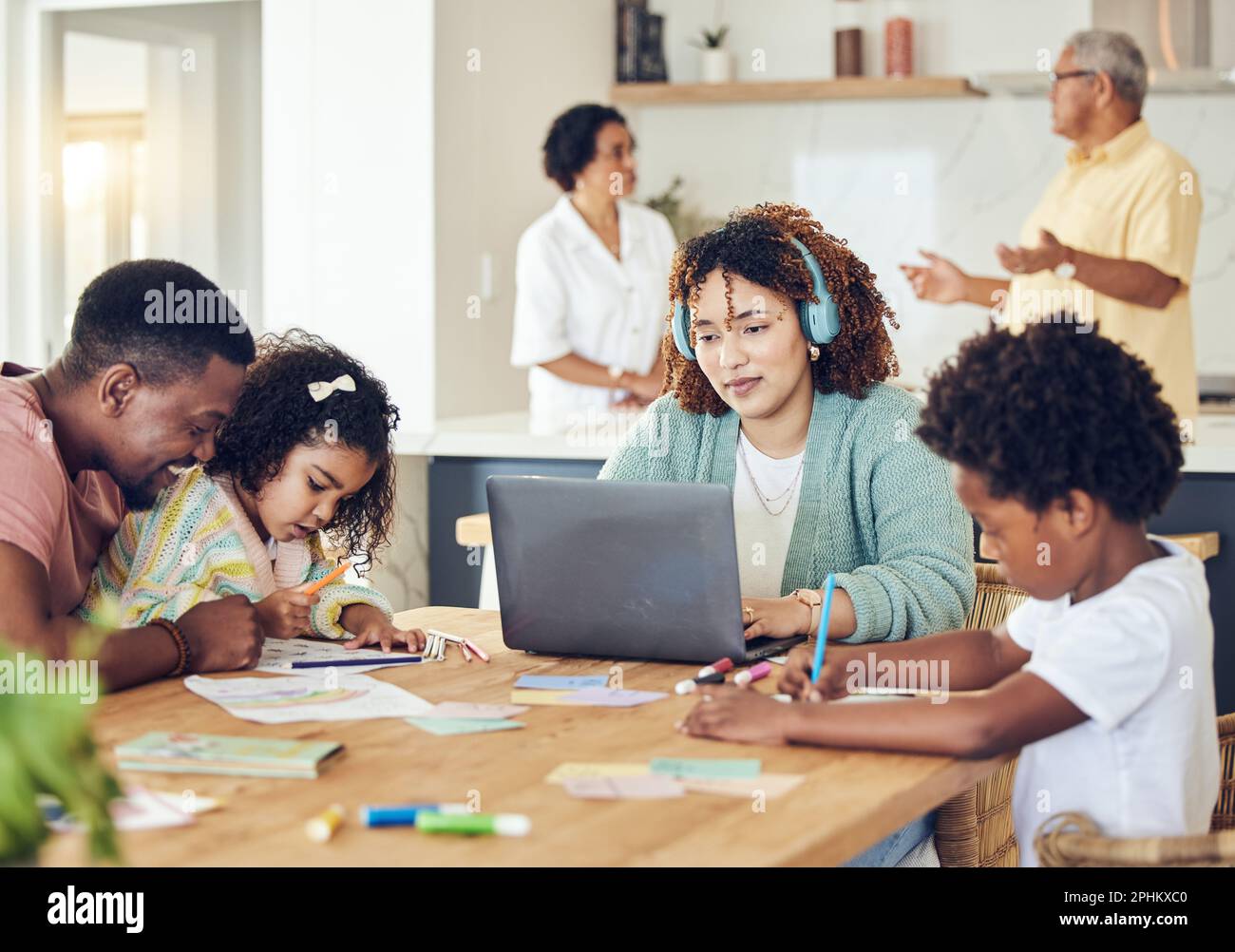 Work from home family, learning support and children writing, drawing ...