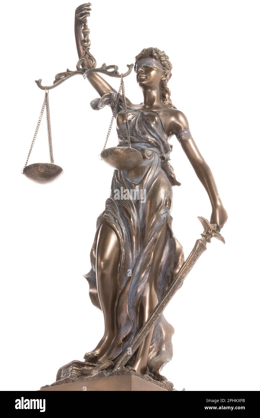Bronze statue of justice isolated on the white background. Legal law ...