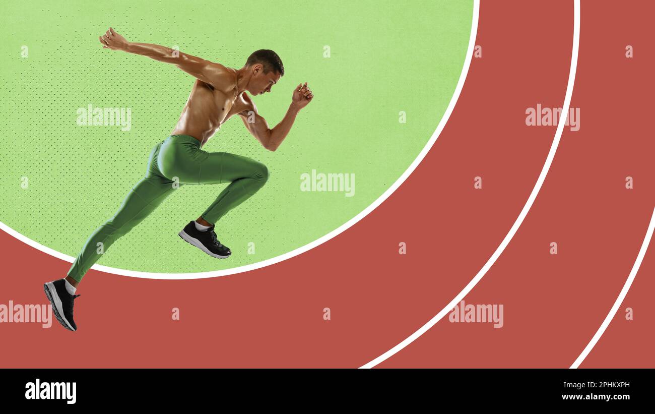Young muscular man, professional runner, athlete training, running at ...