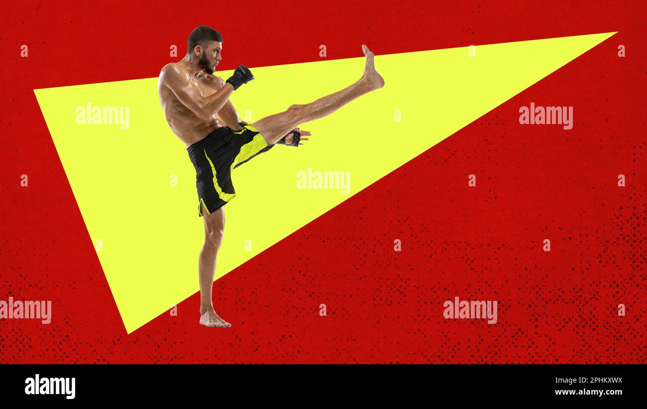 MMA fighter. Muscular strong man, professional boxer fighting, training ...