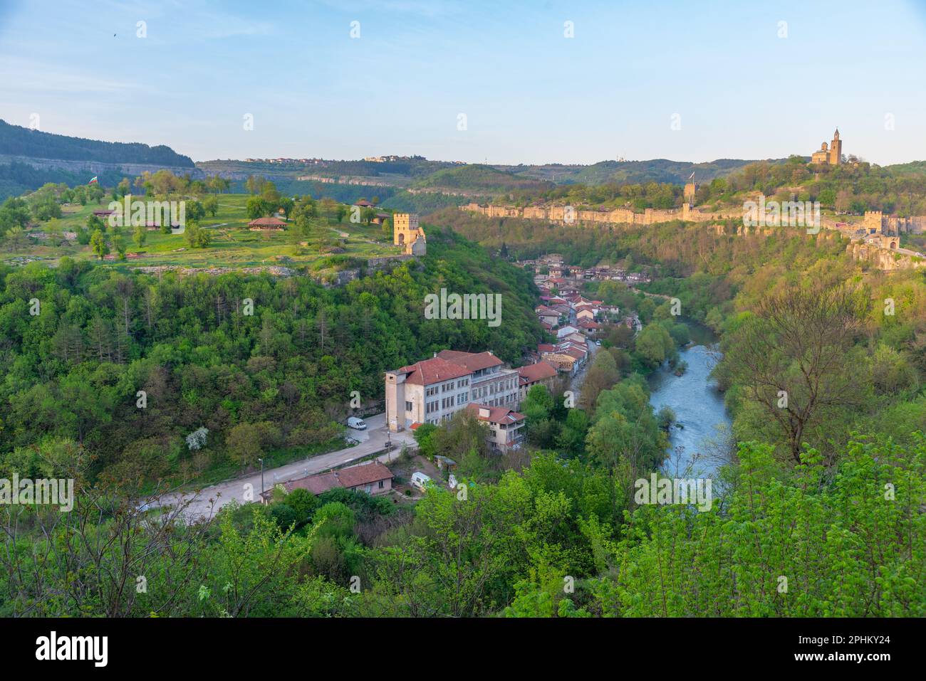 Sunset aerial view of Tsarevets and Trapezitsa fortresses in Veliko ...