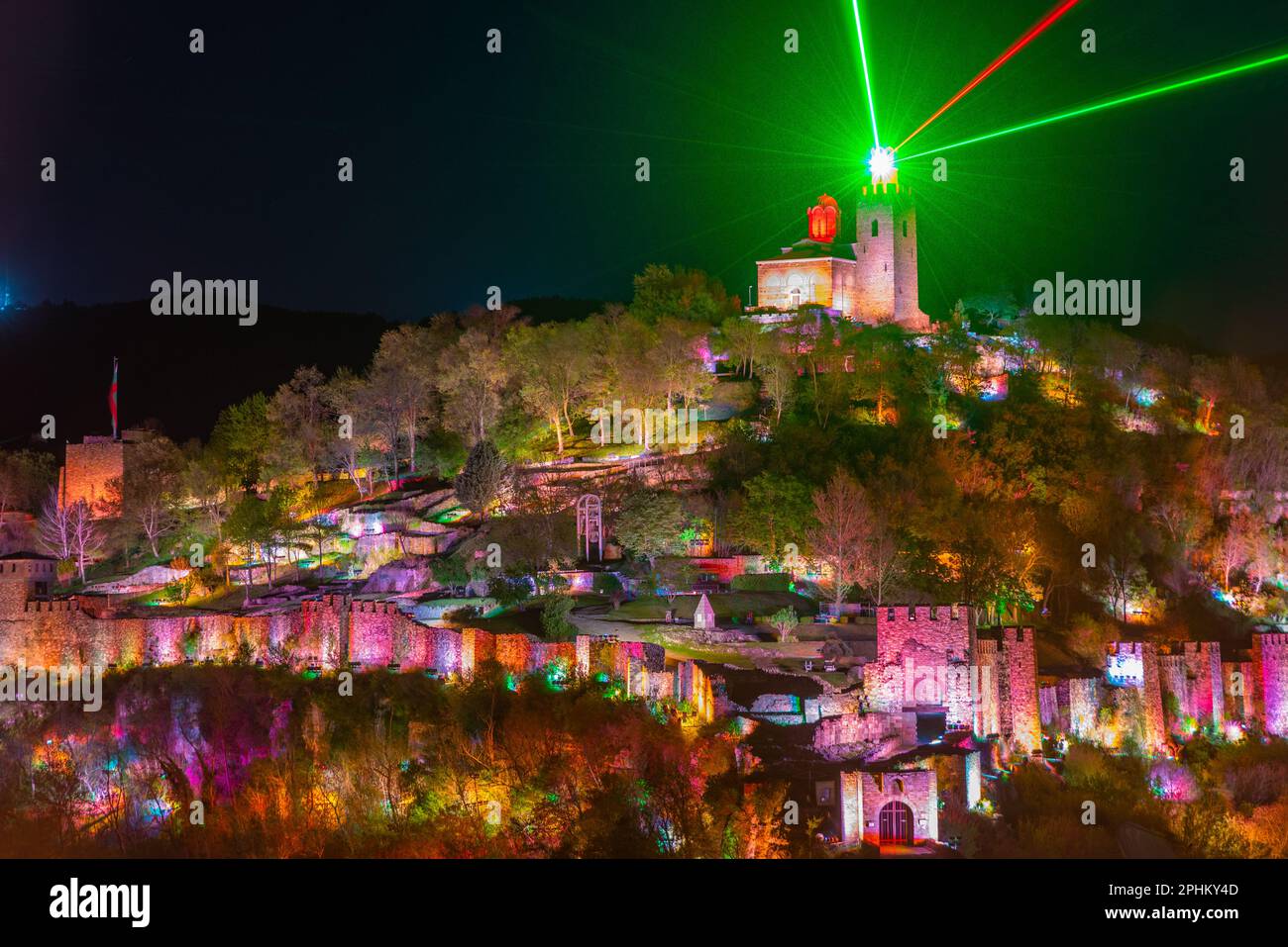 Night view of illuminated Tsarevets fortress in Veliko Tarnovo ...