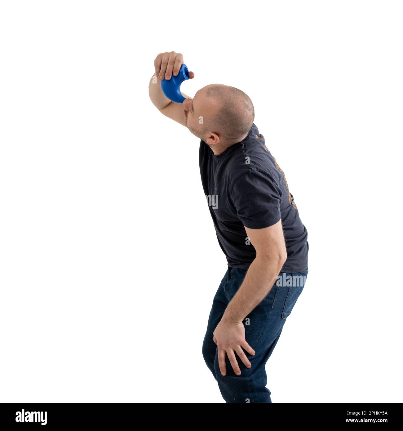 The man uses neti pot. Isolated on a white background. Flushing the ...