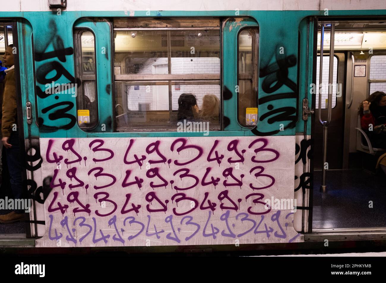 Paris, France. 28th Mar, 2023. Graffiti '49.3' in the Paris metro ...