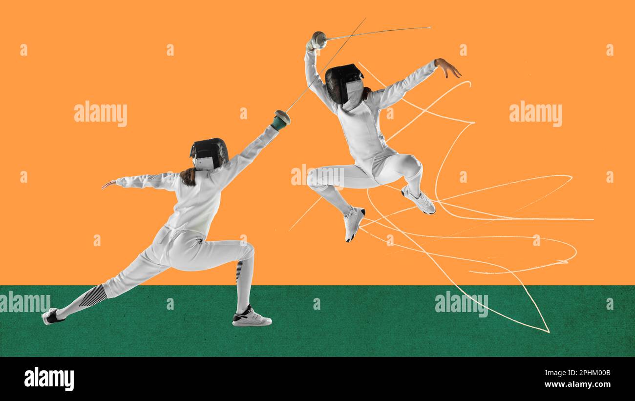 Young girl, professional athletes training, fencing against orange ...