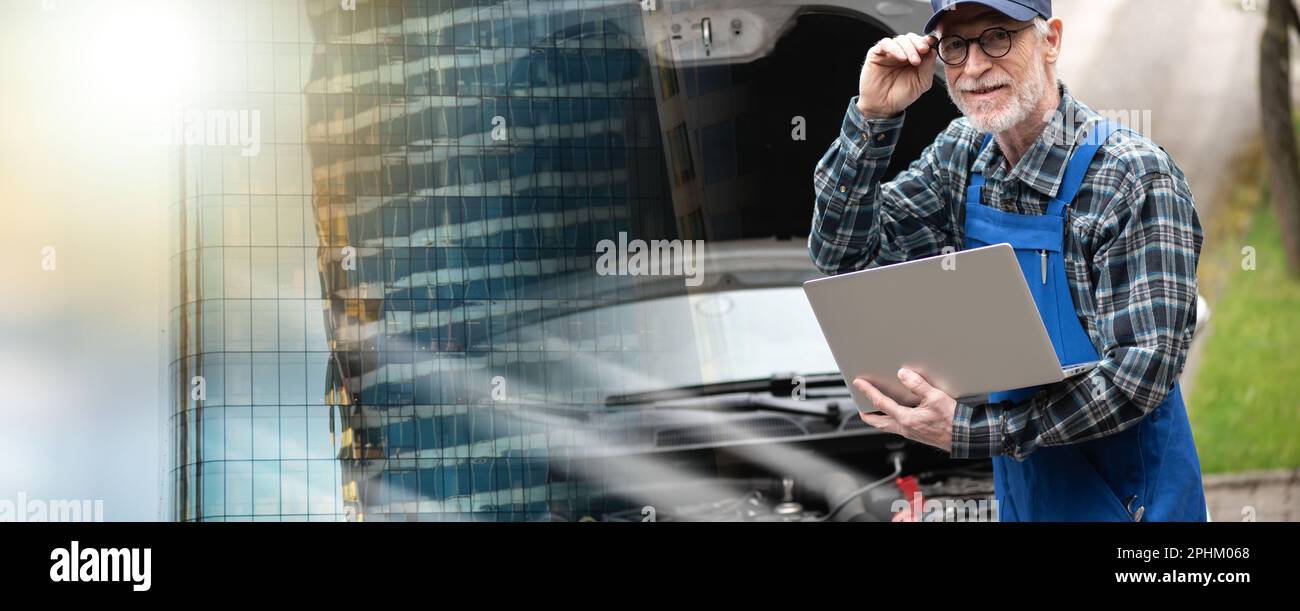 Car mechanic using laptop for checking car engine; multiple exposure ...
