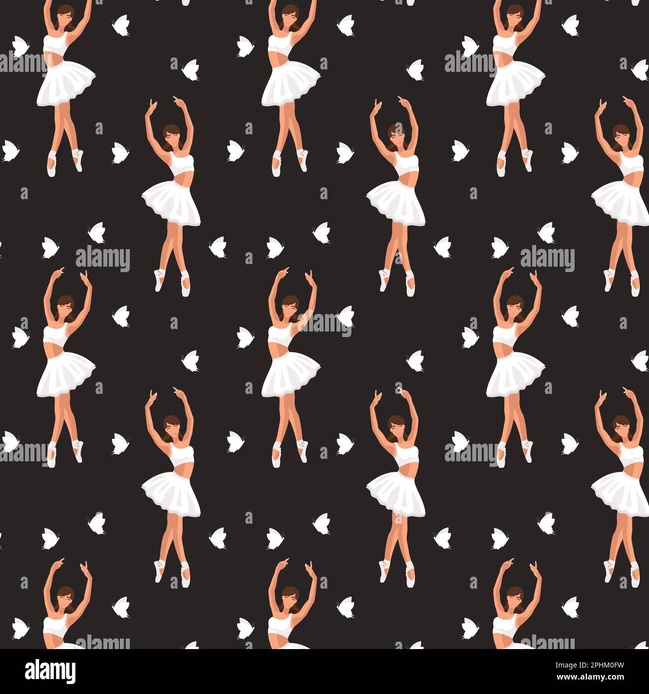 Seamless pattern of a faceless dancing ballerina silhouette with the butterfly on black ...