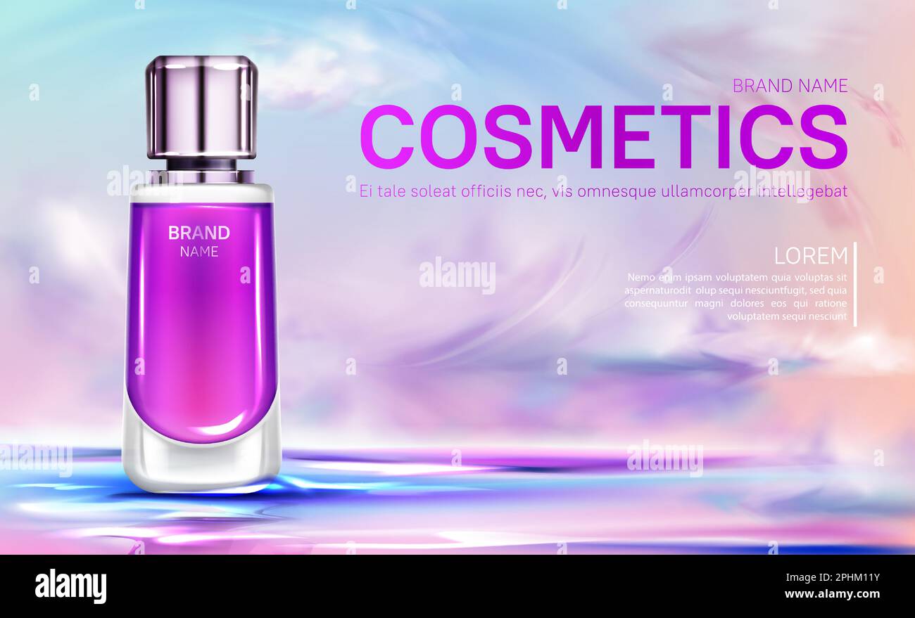 Cosmetics bottle on cloudy sky background, beauty product banner mock ...