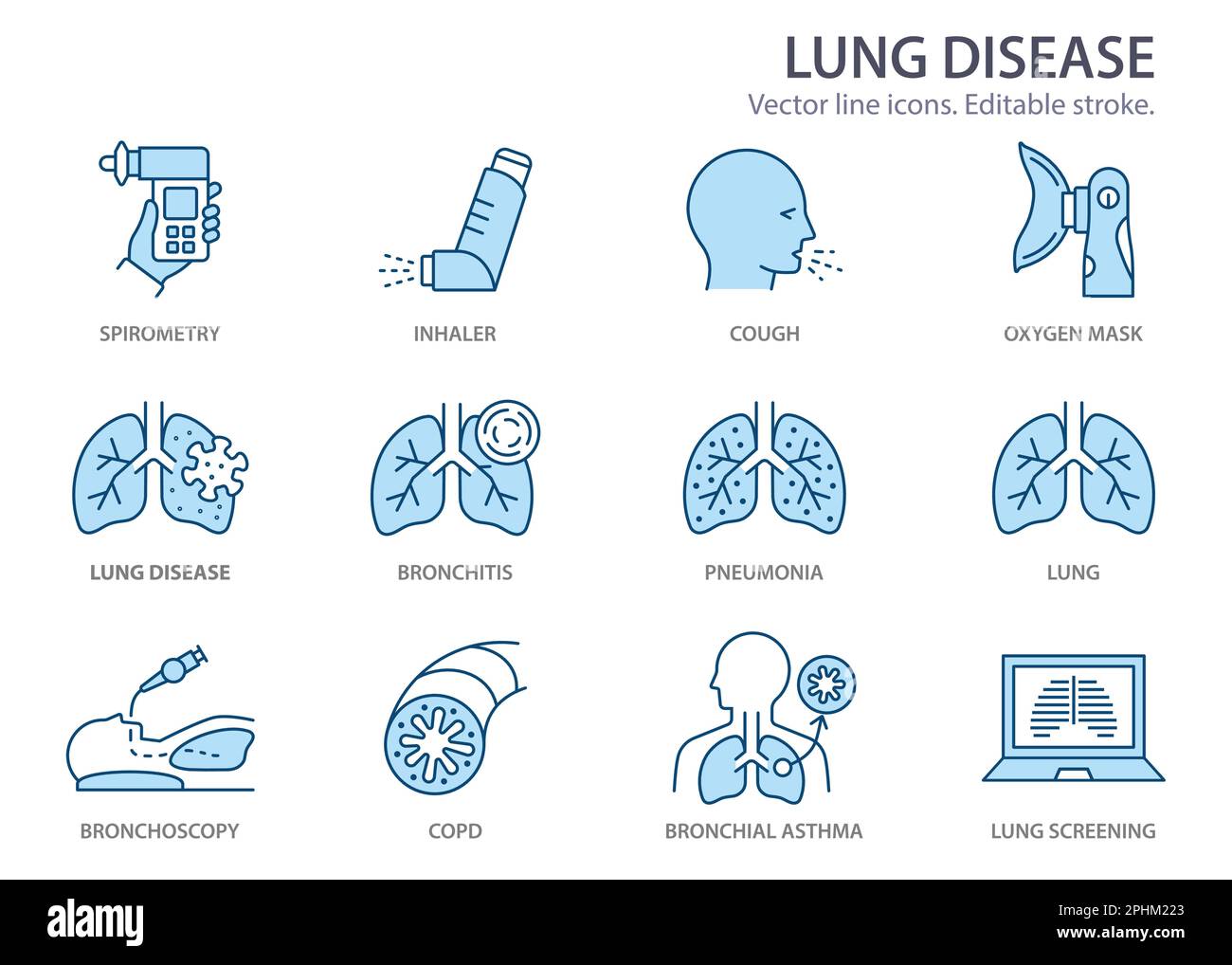 lung disease icons, such as bronchitis, bronchial asthma, spirometry ...