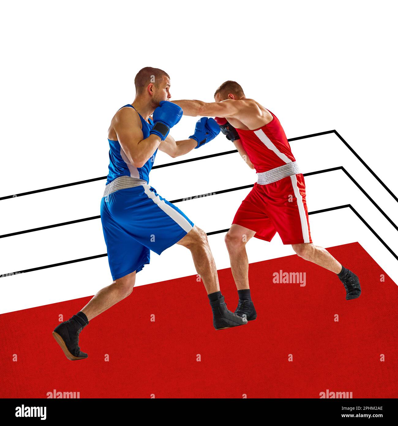 Two sportive man, professional boxers fighting on ring. Opponents ...