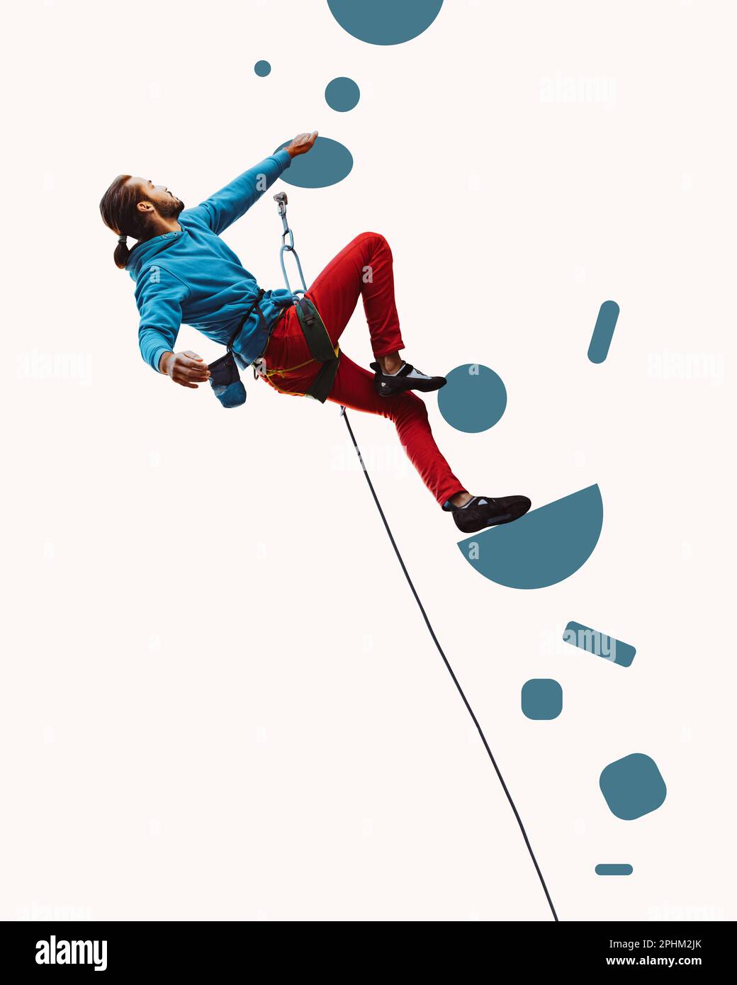 Climbing. Young man professional rock climber practicing against white ...