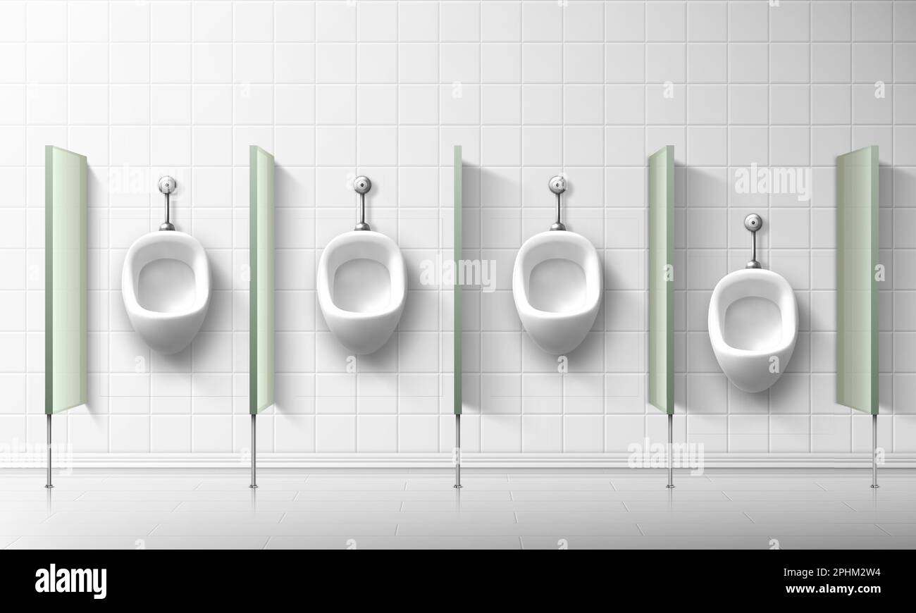 Ceramic urinals in public male toilet. Vector realistic empty interior ...