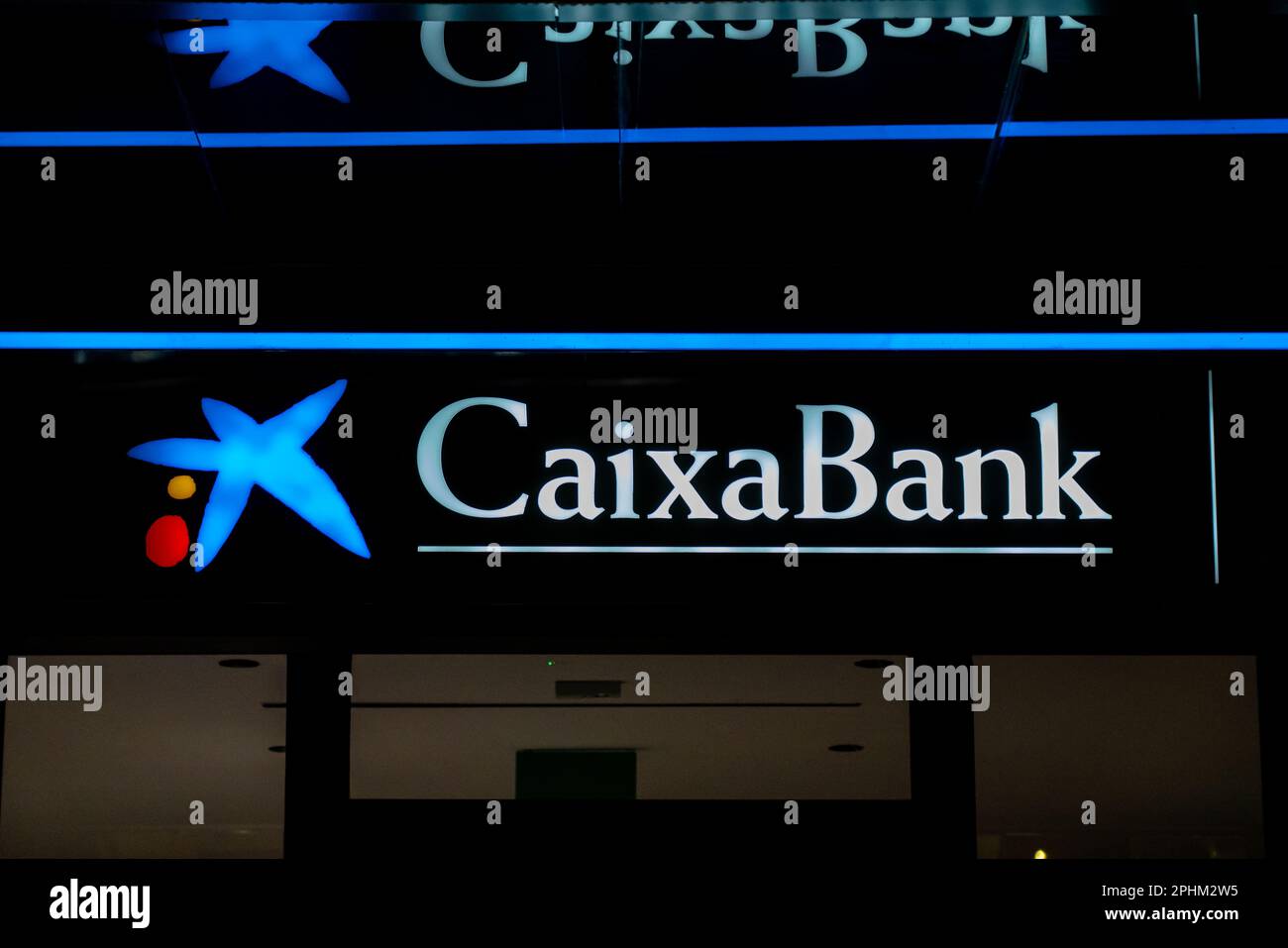 Valladolid, Spain - November 12 2022: Caixa Bank logo, illuminated at ...