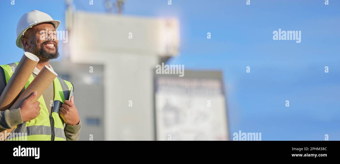 Black man, architect and construction, blueprint and infrastructure ...