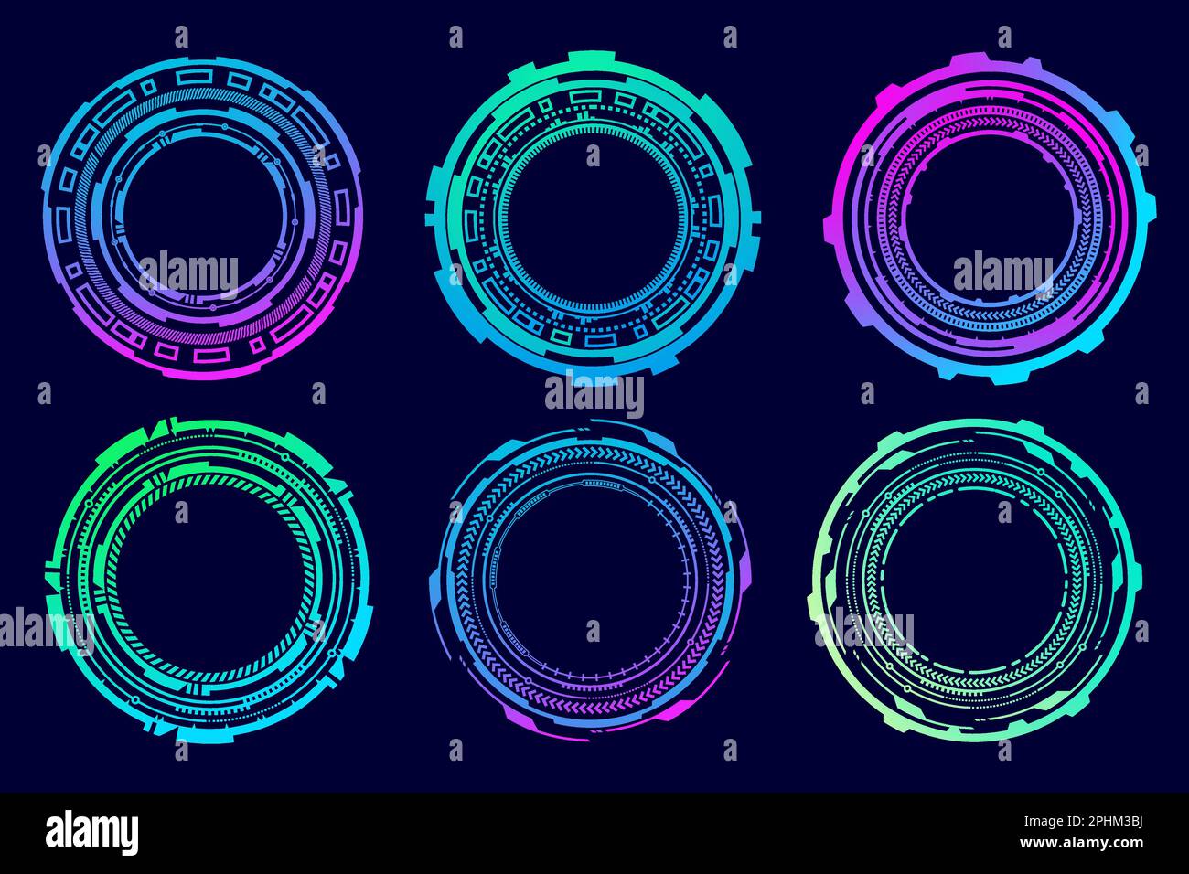 HUD futuristic elements. Abstract optical neon aim. Circle geometric shapes for virtual ...