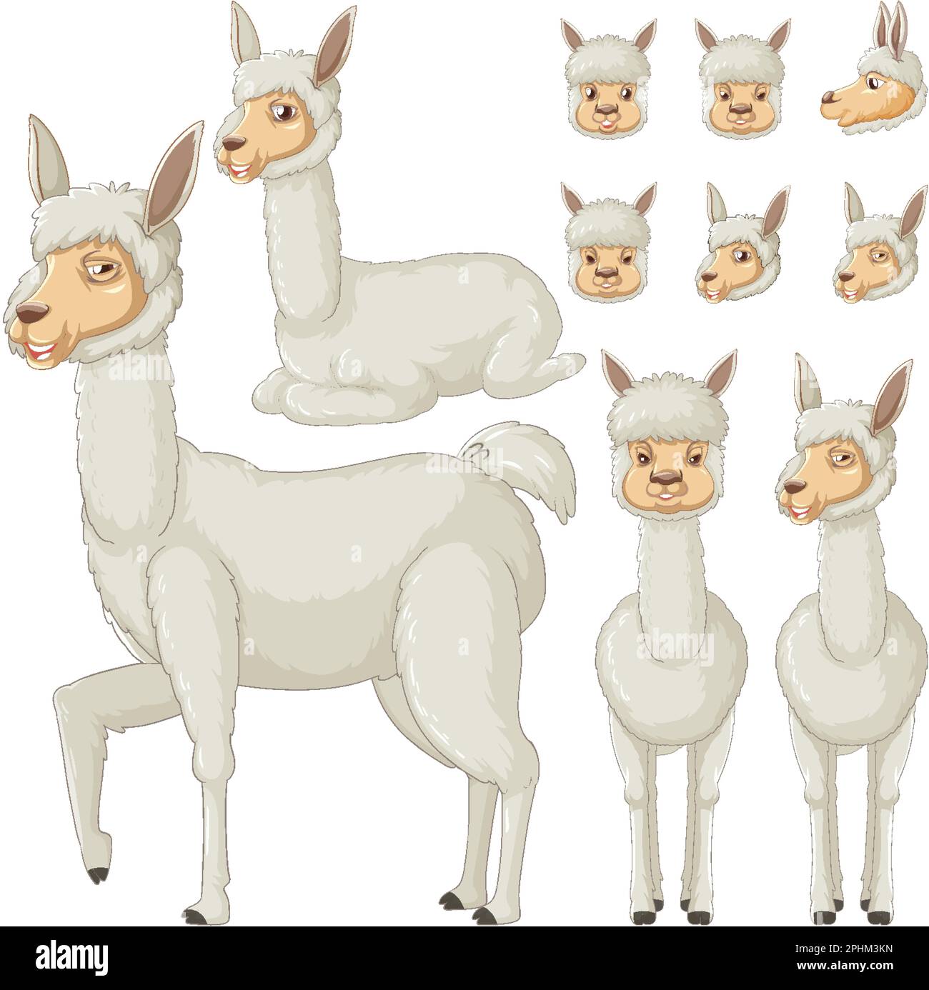 Set of alpaca cartoon character with head and facial expression ...