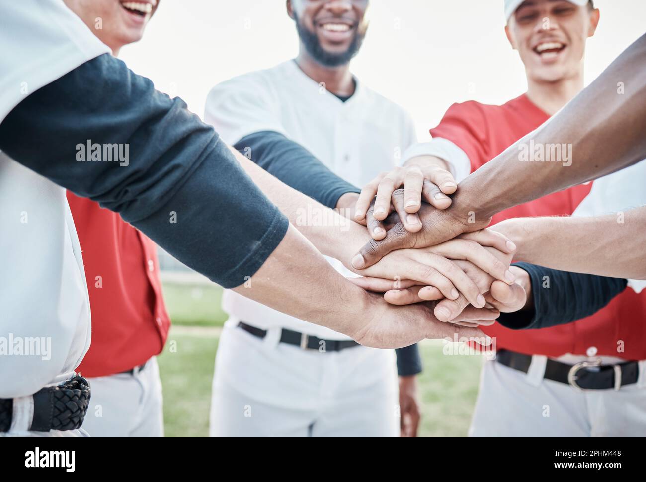 Hands, baseball motivation or men in huddle with support, hope or faith ...