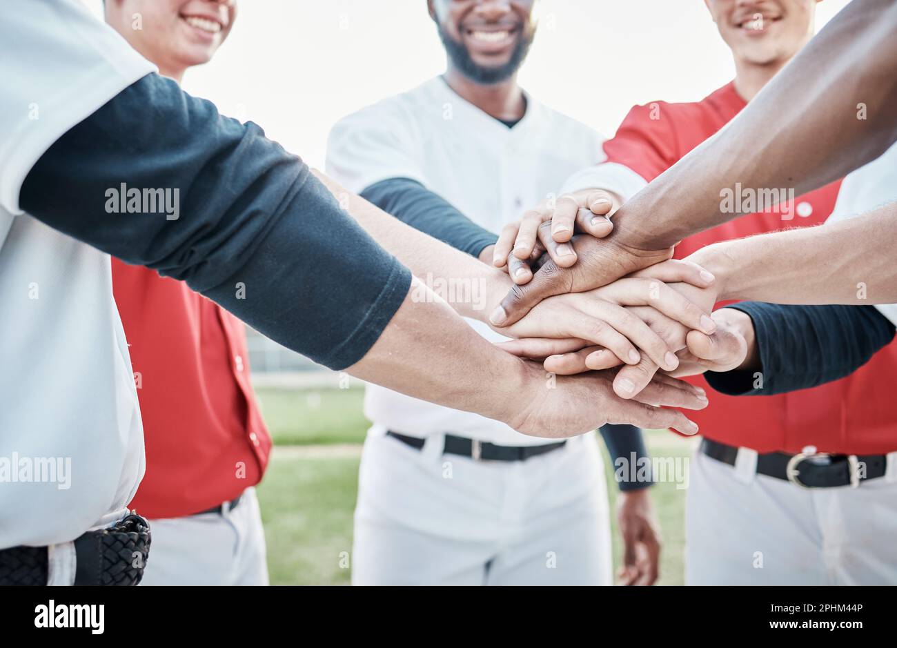 Baseball, sports motivation or hands in huddle with support, hope or ...