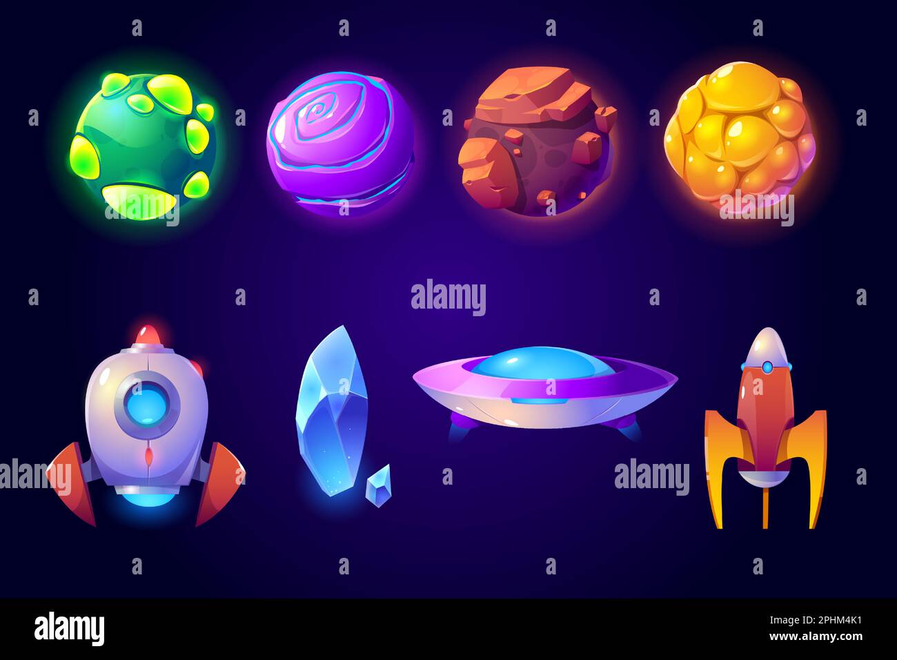 Planets, rockets and alien ufo set isolated on blue background. Fantasy ...