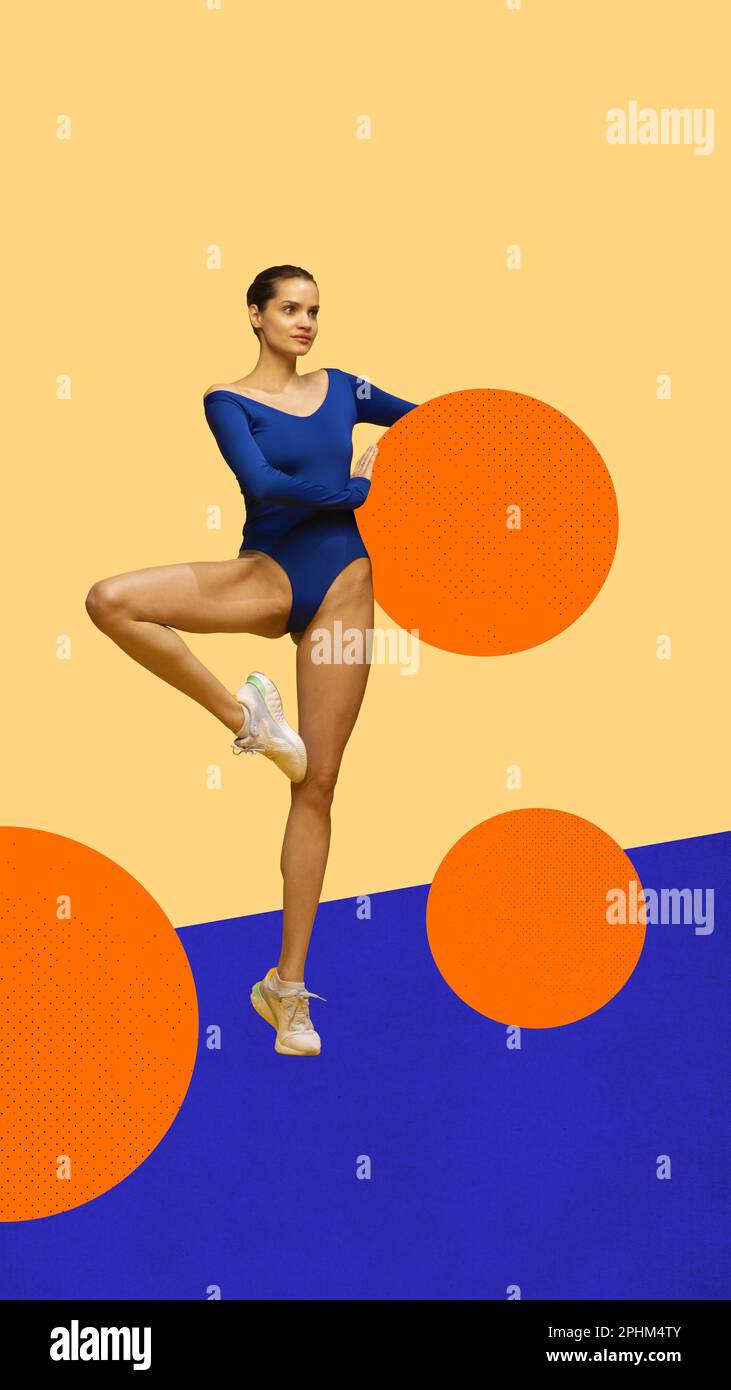 Beautiful young girl with fit, slim body in bodysuit training ...