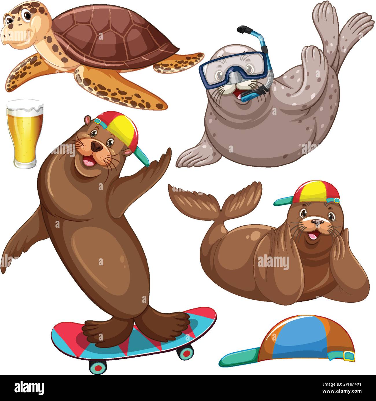 Set of sea creatures cartoon character in summer illustration Stock ...