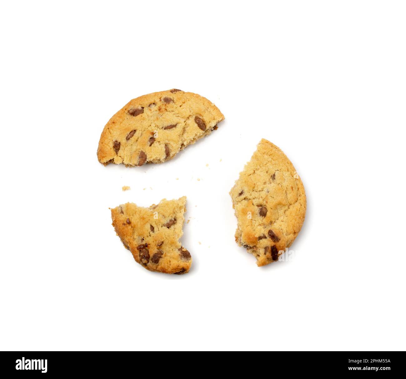 Simple crumbled cookie isolated. Broken oatmeal sugar bitten cookies, chocolate chip biscuit ...
