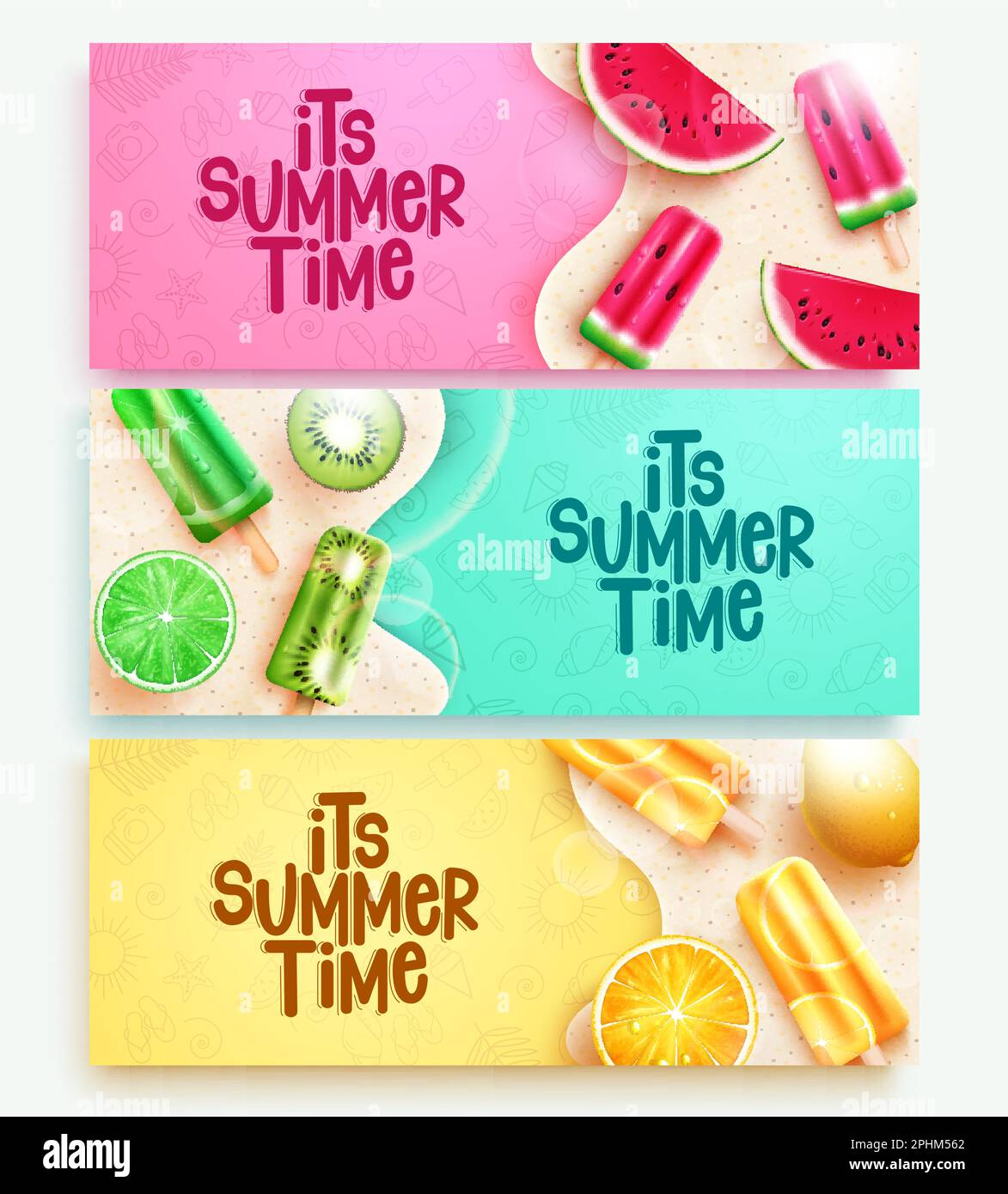 Summer time vector set. Summer time greeting text with slice fruits and ...