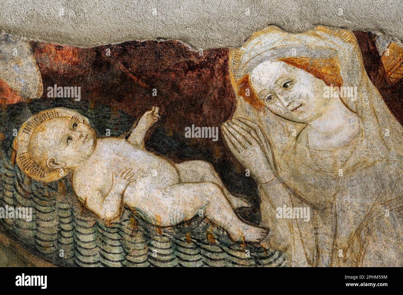 Fragment of Nativity scene. Late Gothic fresco in medieval cloister ...