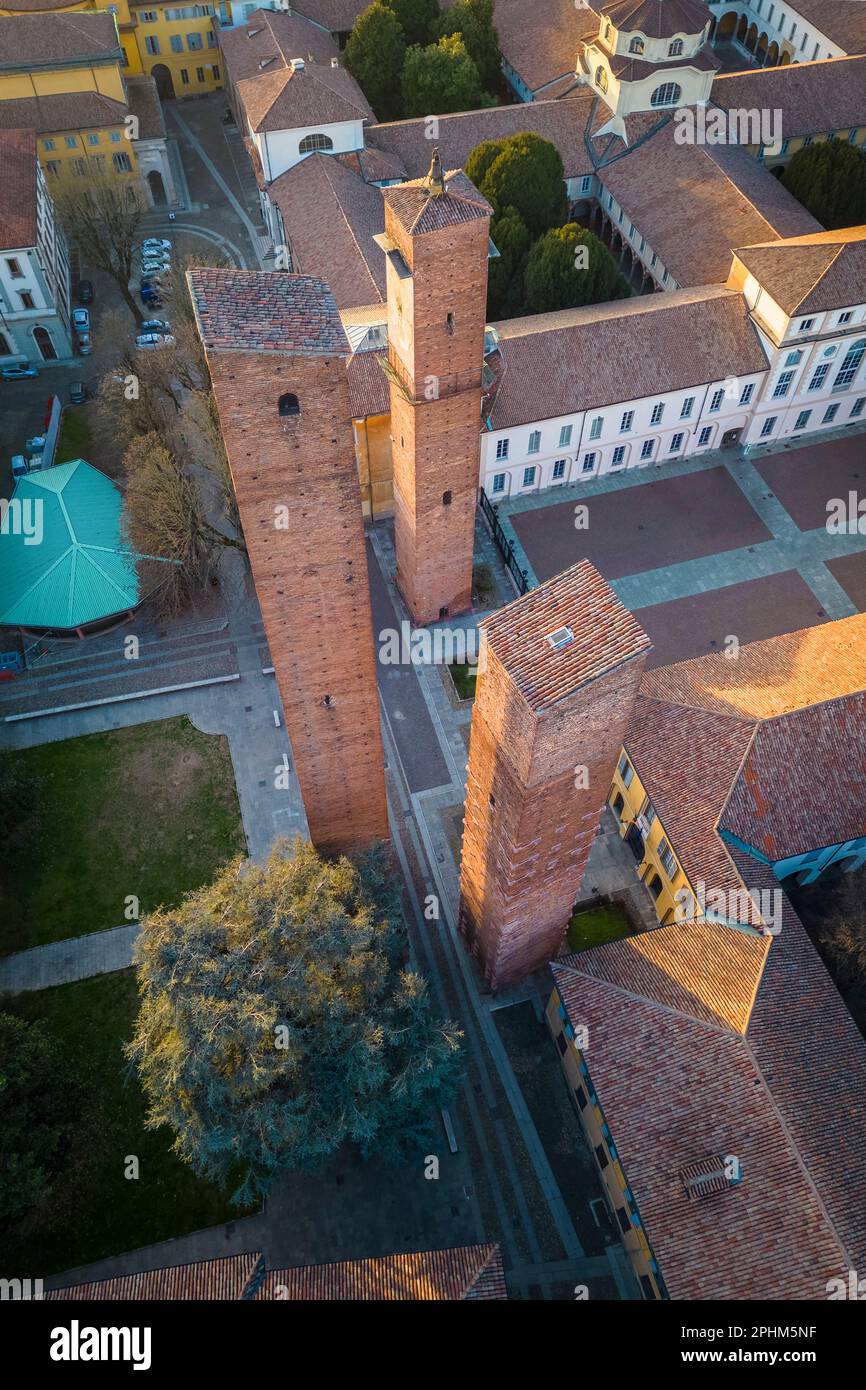 Aerial view of the medieval towers of Pavia at sunset. Pavia, Lombardy ...