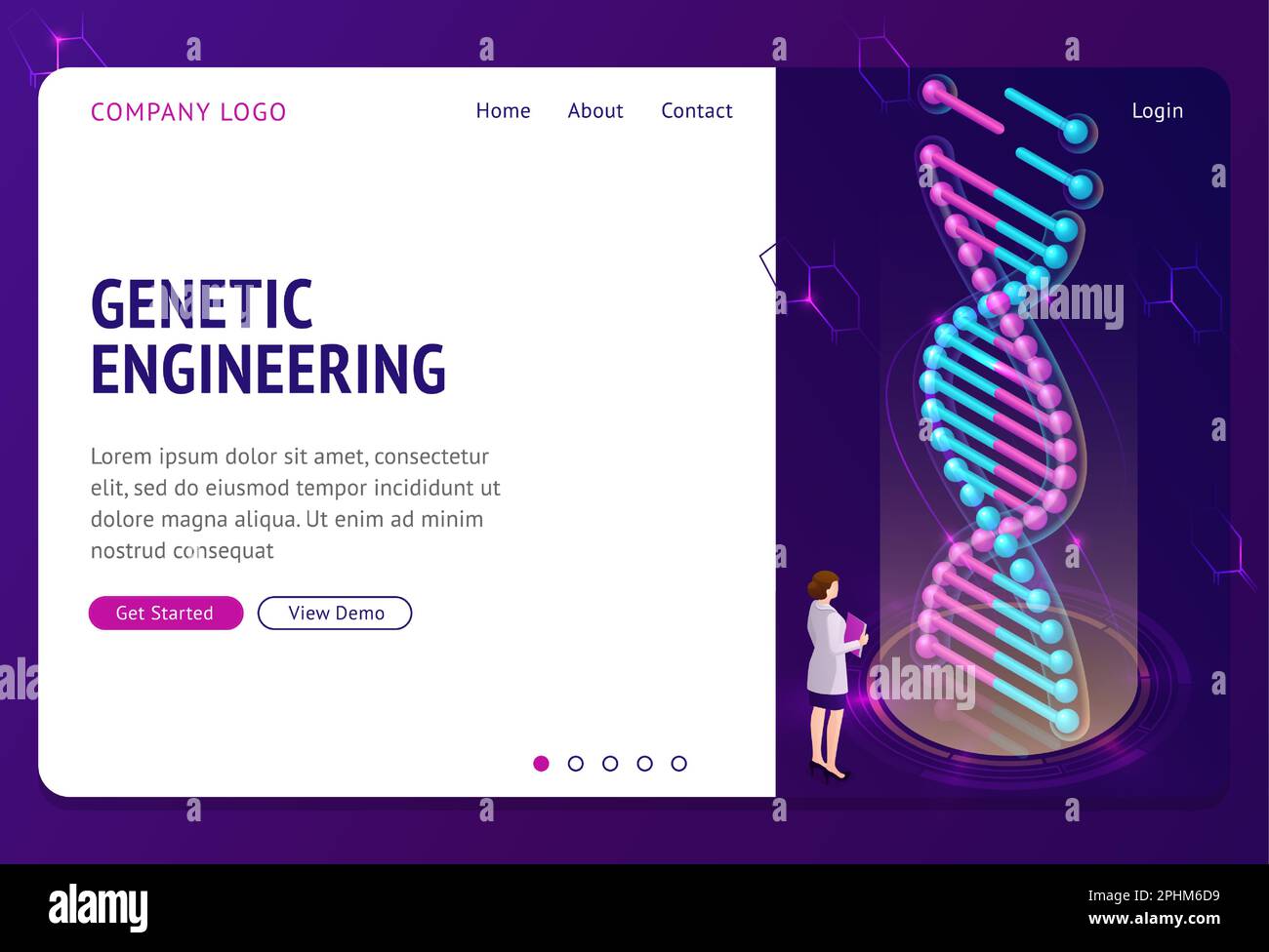 Genetic engineering isometric landing page, woman scientist in white robe with folder stand near ...