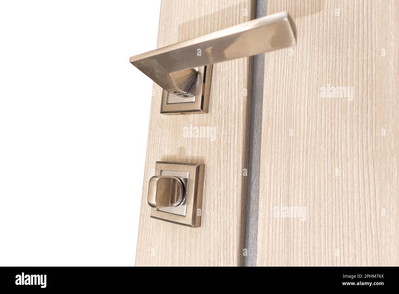 Door handle with latch, bottom view, low angle view, close-up, white ...