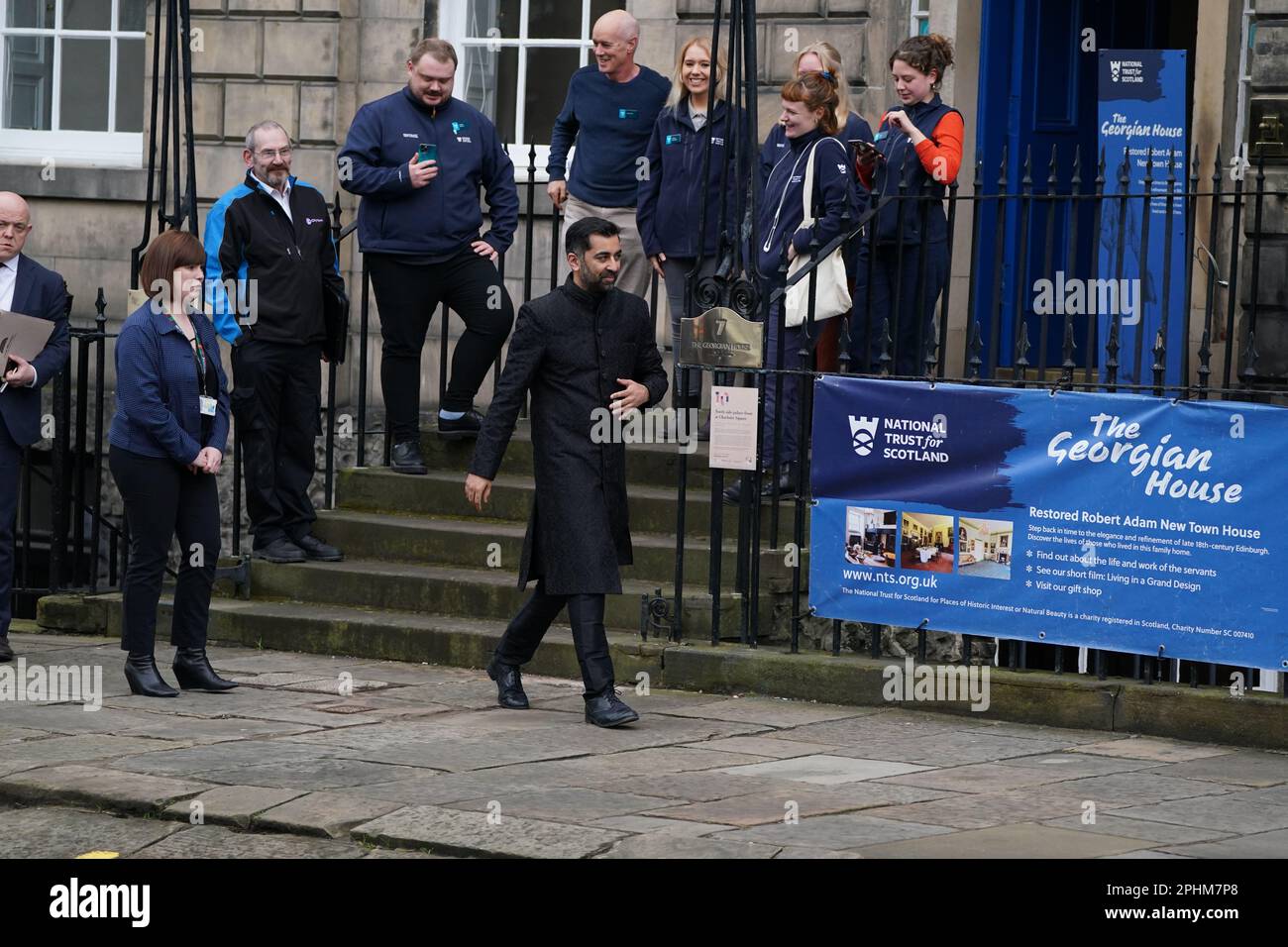 Newly elected First Minster of Scotland, Humza Yousaf is greeted by ...