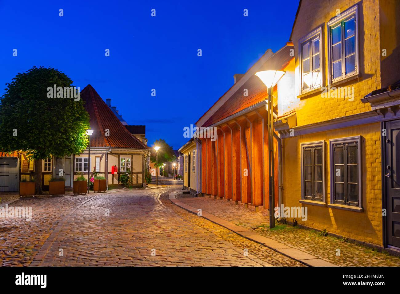 Night view of a colorful street in the center of Odense, Denmark Stock ...