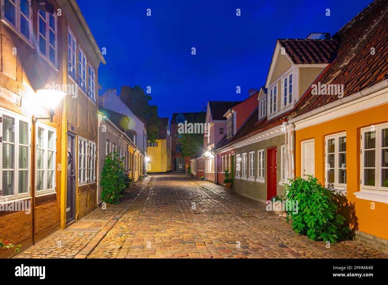 Night view of a colorful street in the center of Odense, Denmark Stock ...