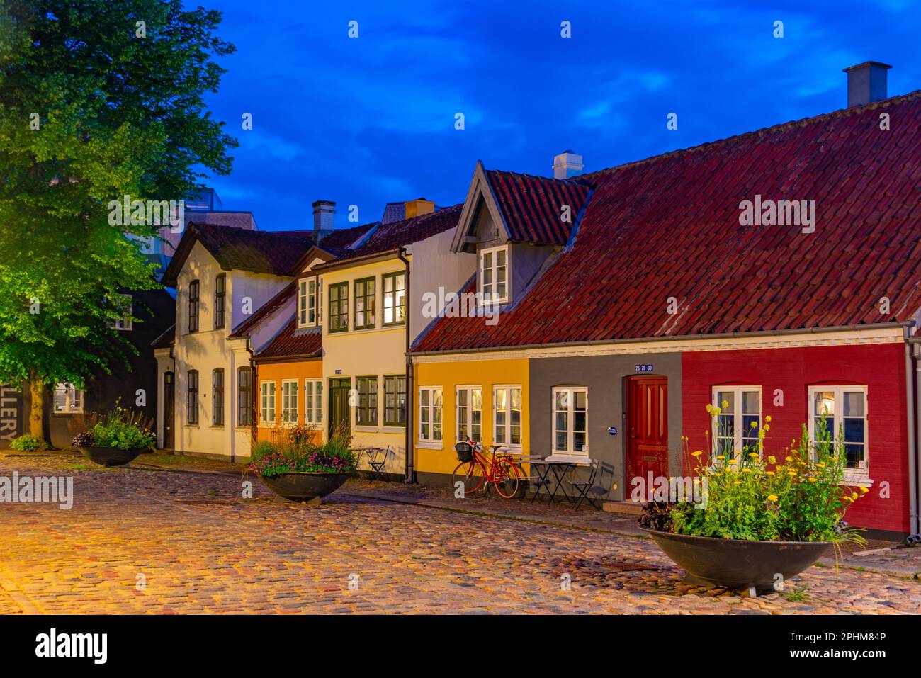 Night view of a colorful street in the center of Odense, Denmark Stock ...