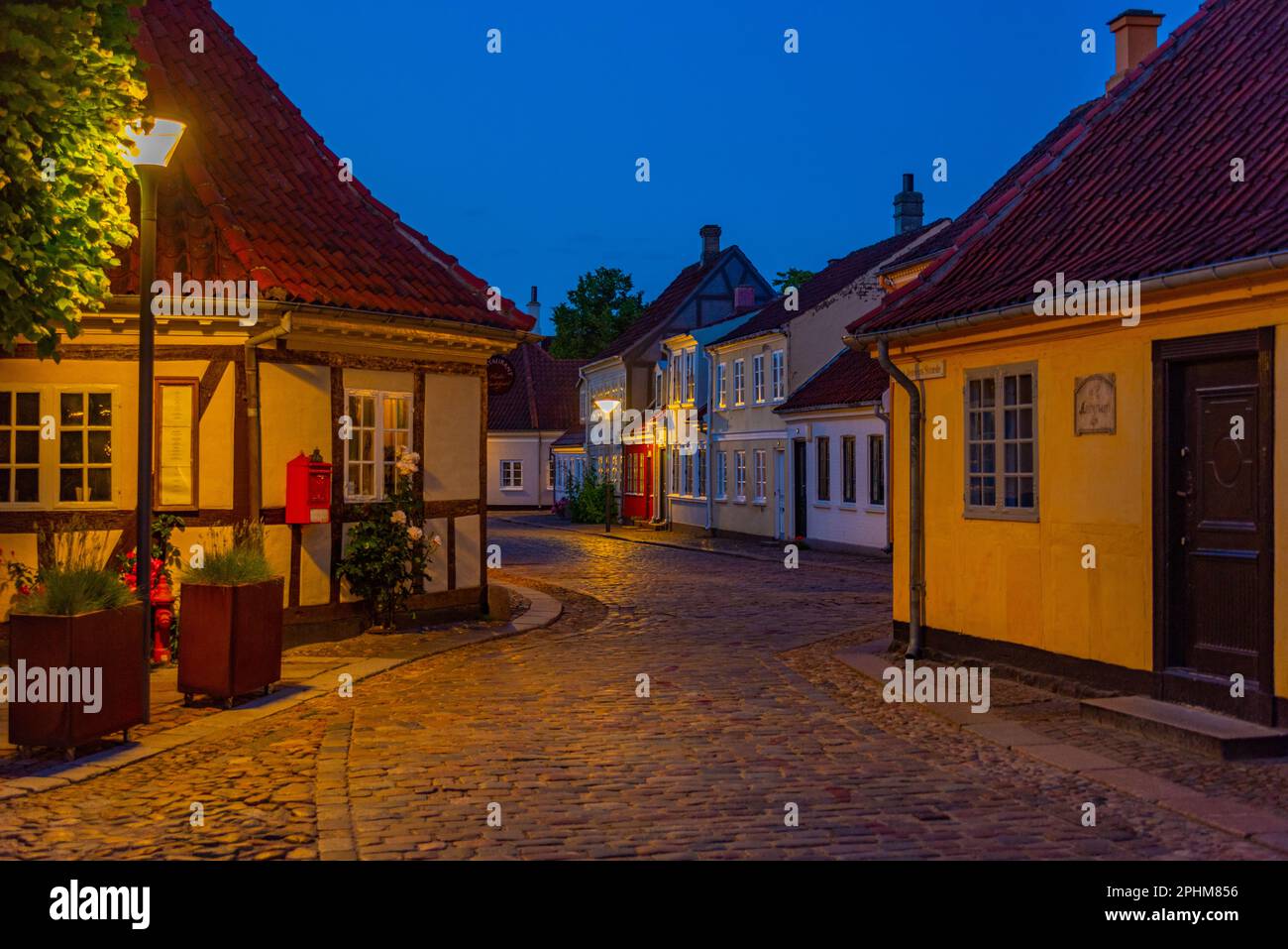 Night view of a colorful street in the center of Odense, Denmark Stock ...
