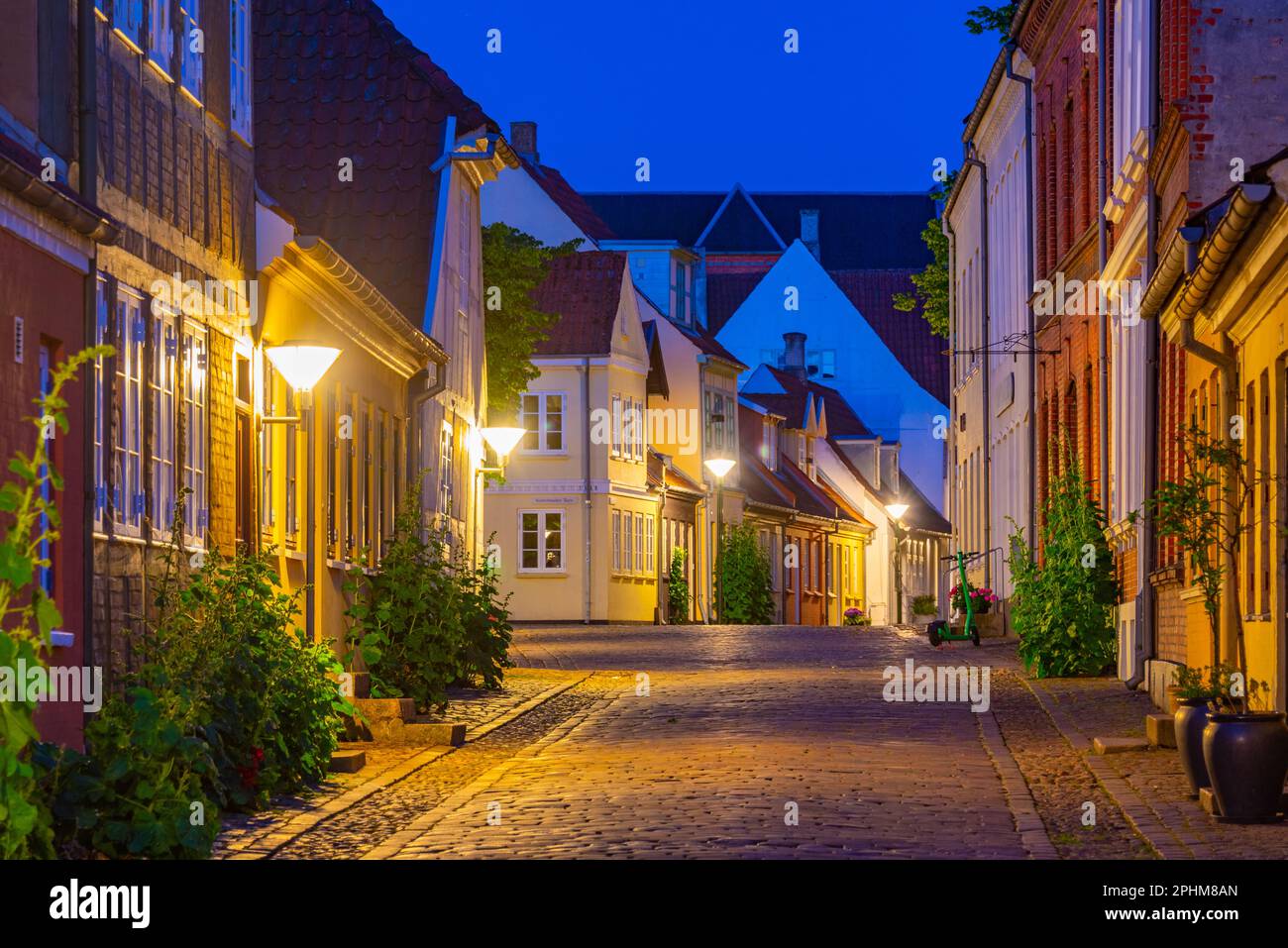 Night view of a colorful street in the center of Odense, Denmark Stock ...