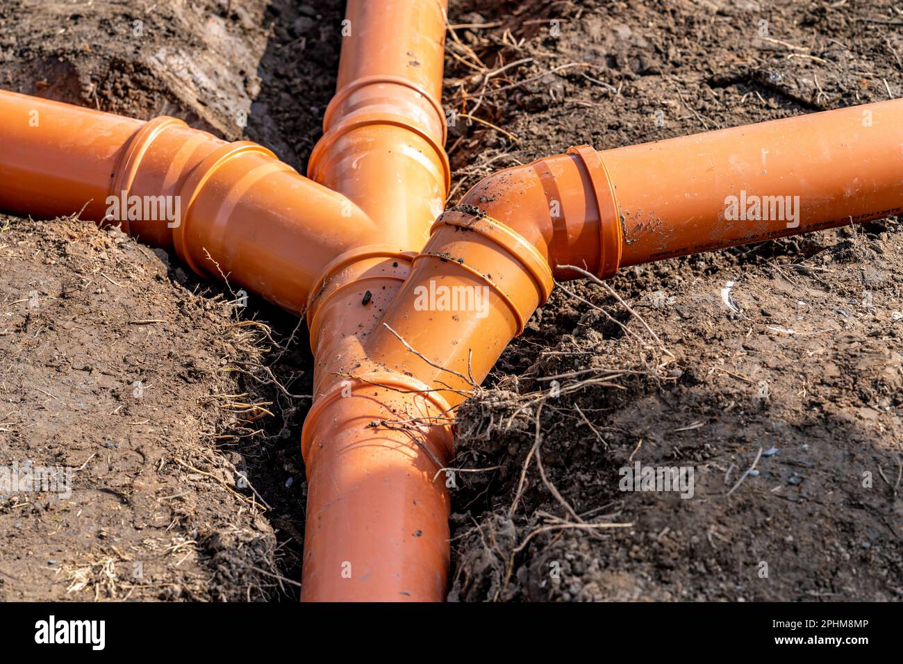 plastic pipe for sewage network in the base plate at the construction ...
