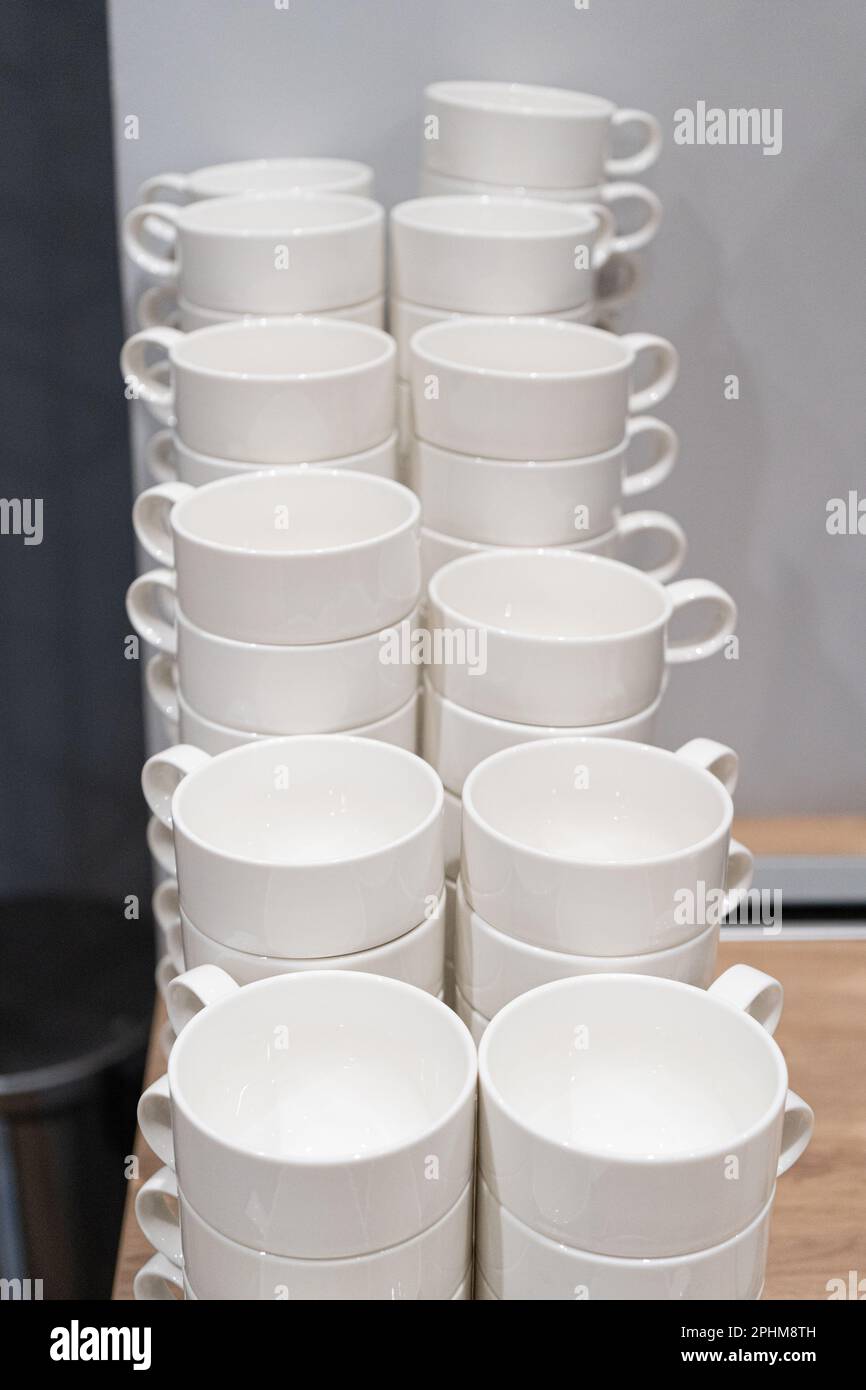 Stacks of Clean Mugs at Hotel Breakfast Buffet, Lots of White Cups ...