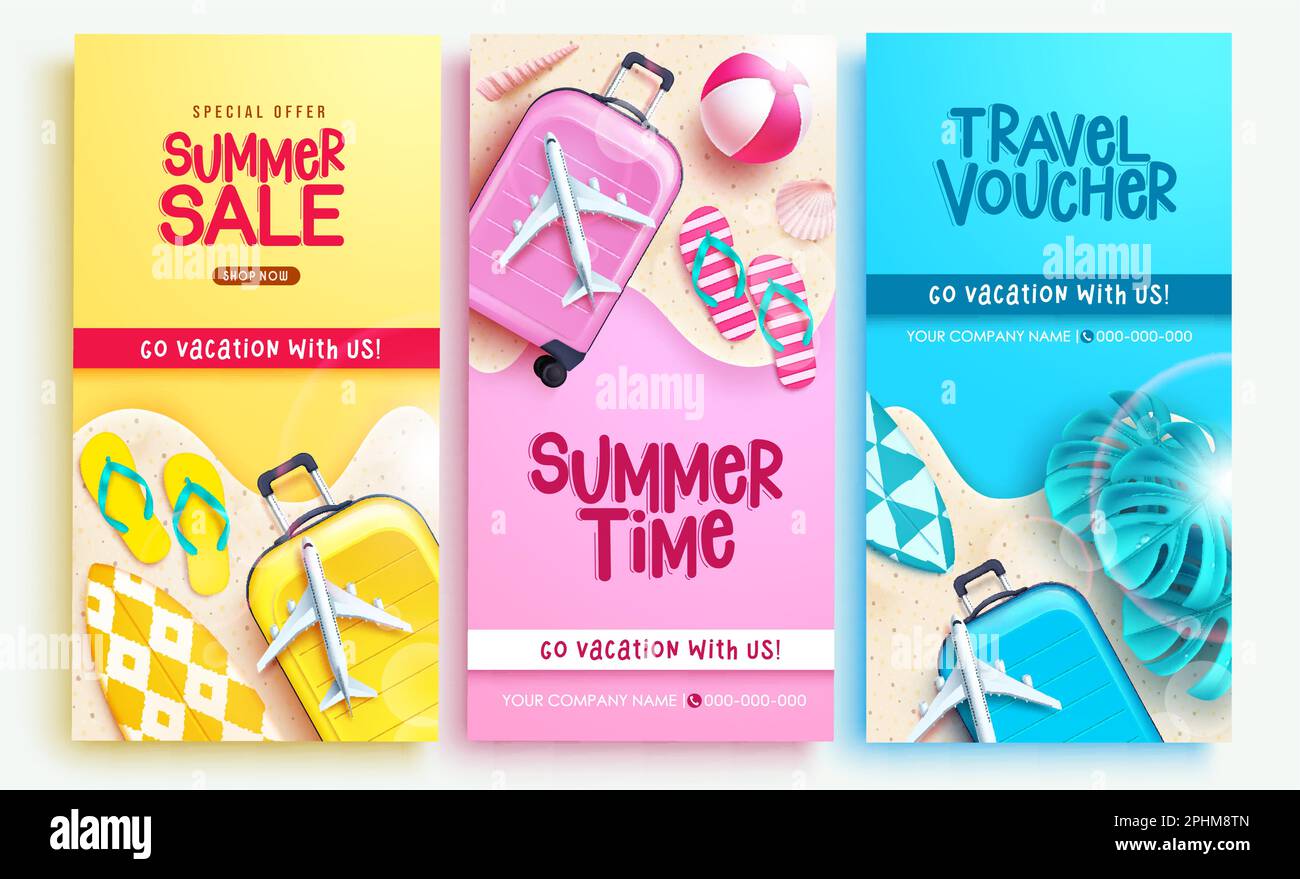 Summer sale vector poster set. Summer time, sale and travel voucher ...