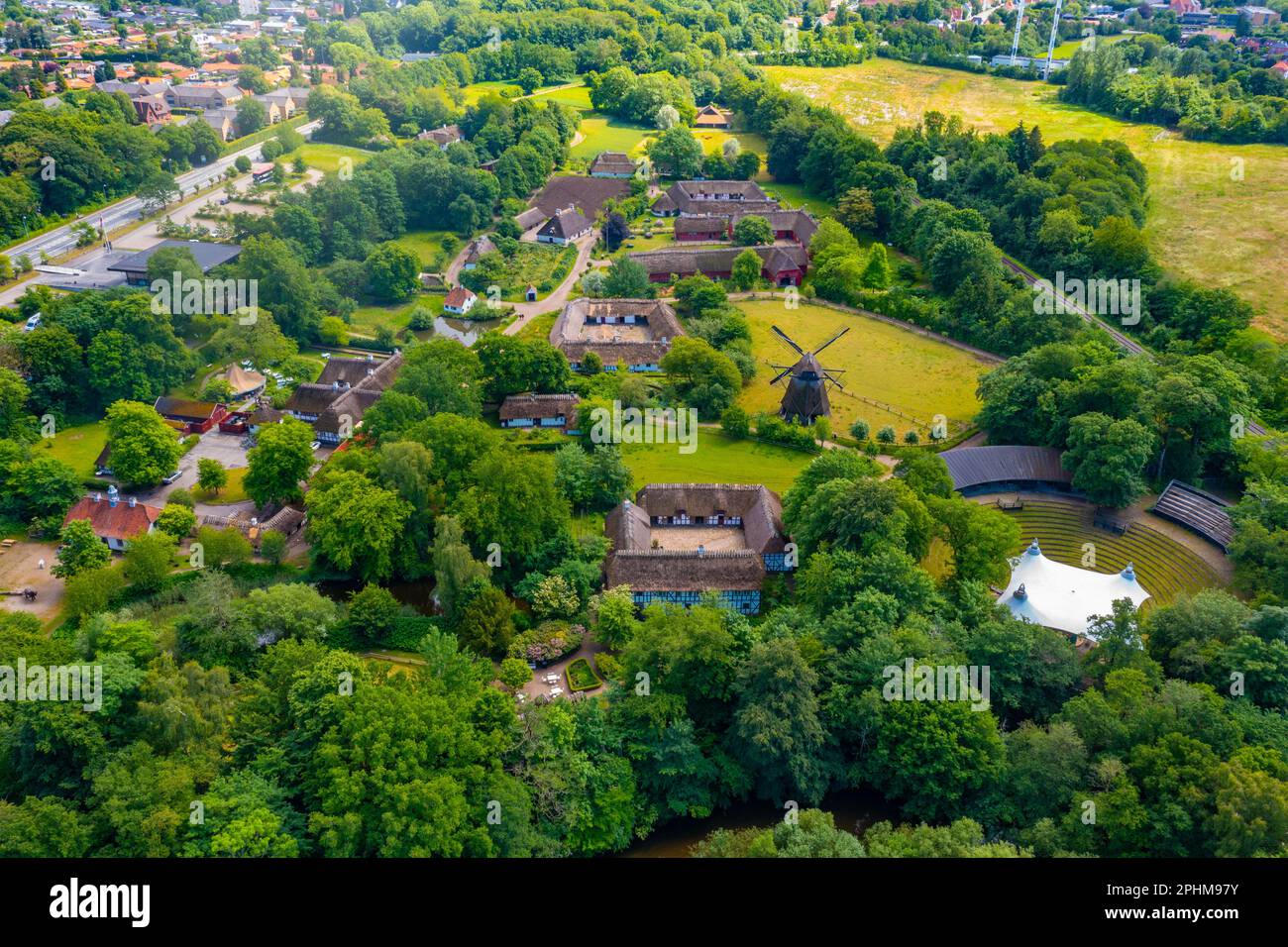 Panorama of Den Fynske Landsby open-air museum with traditional Danish ...