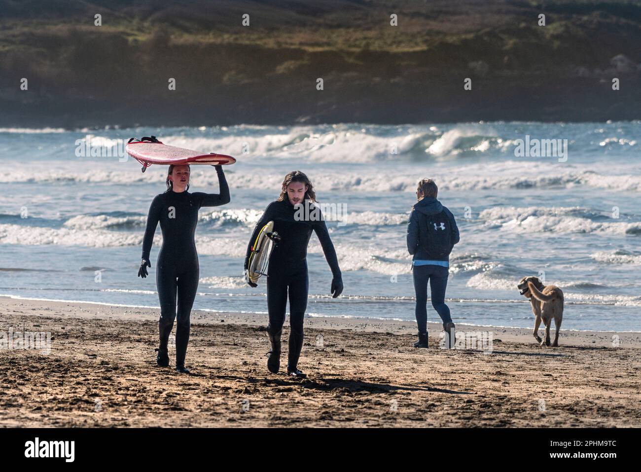 A male and female surfer walking on Fistral Beach after finishing a ...