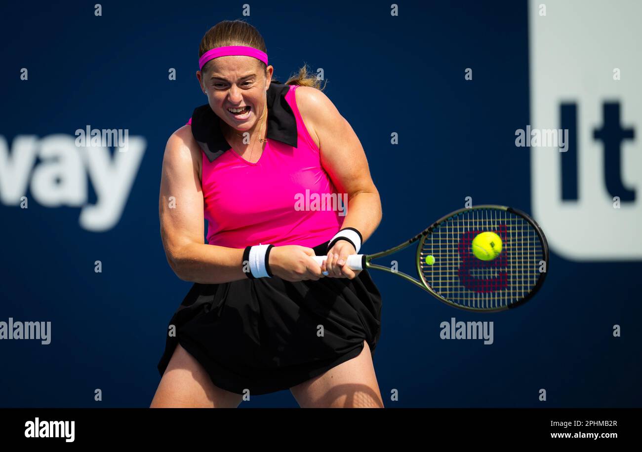 Jelena Ostapenko of Latvia in action during the fourth round of the ...