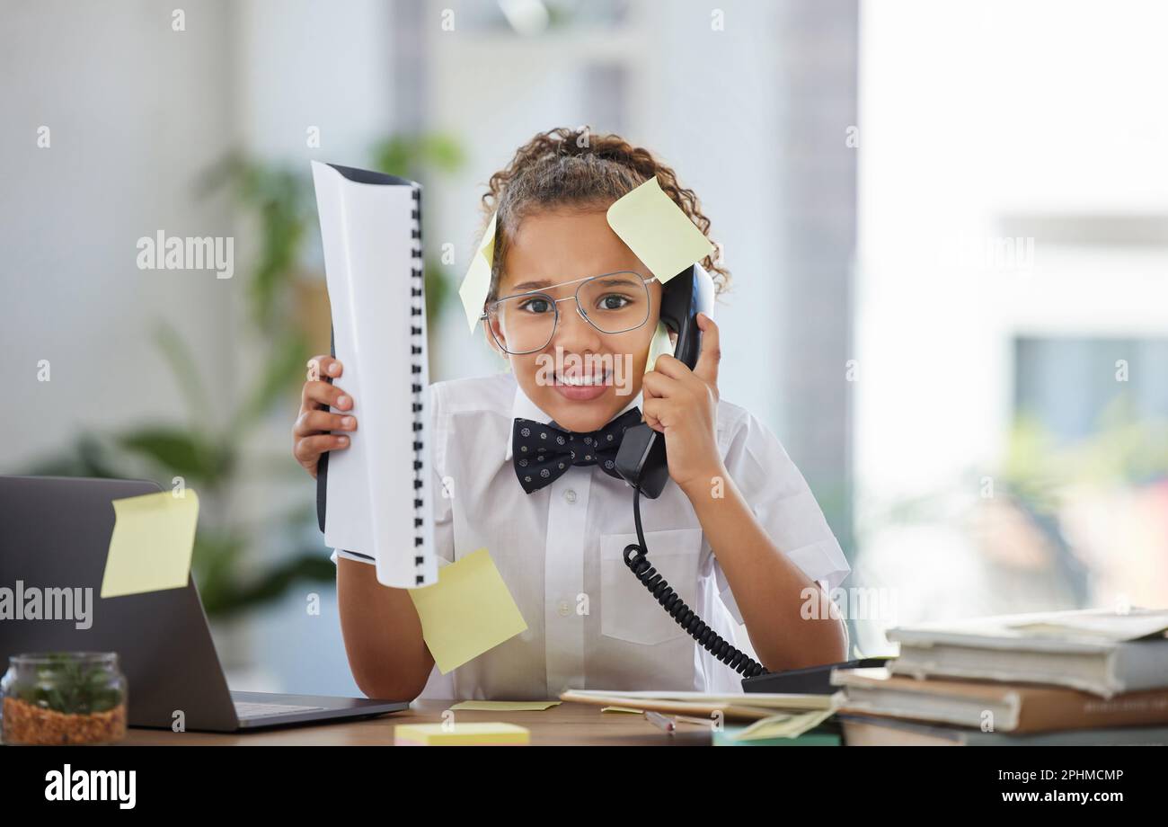 Telephone, stress and child boss in the office with sticky notes and ...